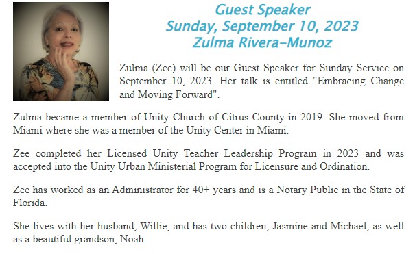 Guest Speaker - Zulma Rivera-Munoz, 9/10/23 | Unity of Citrus County